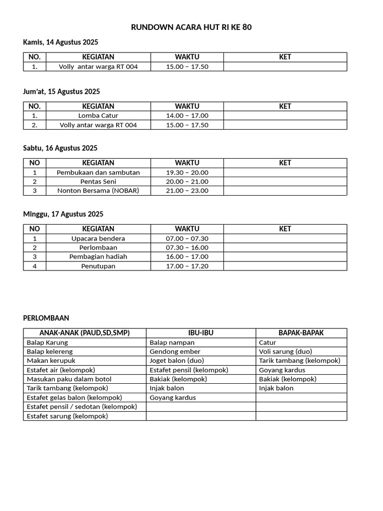 Rundown Acara Hut Ri Ke 80 | PDF