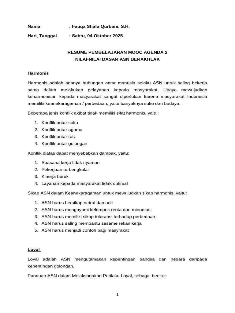 Nilai Dasar ASN Berakhlaq Harmonis dan Loyal | PDF