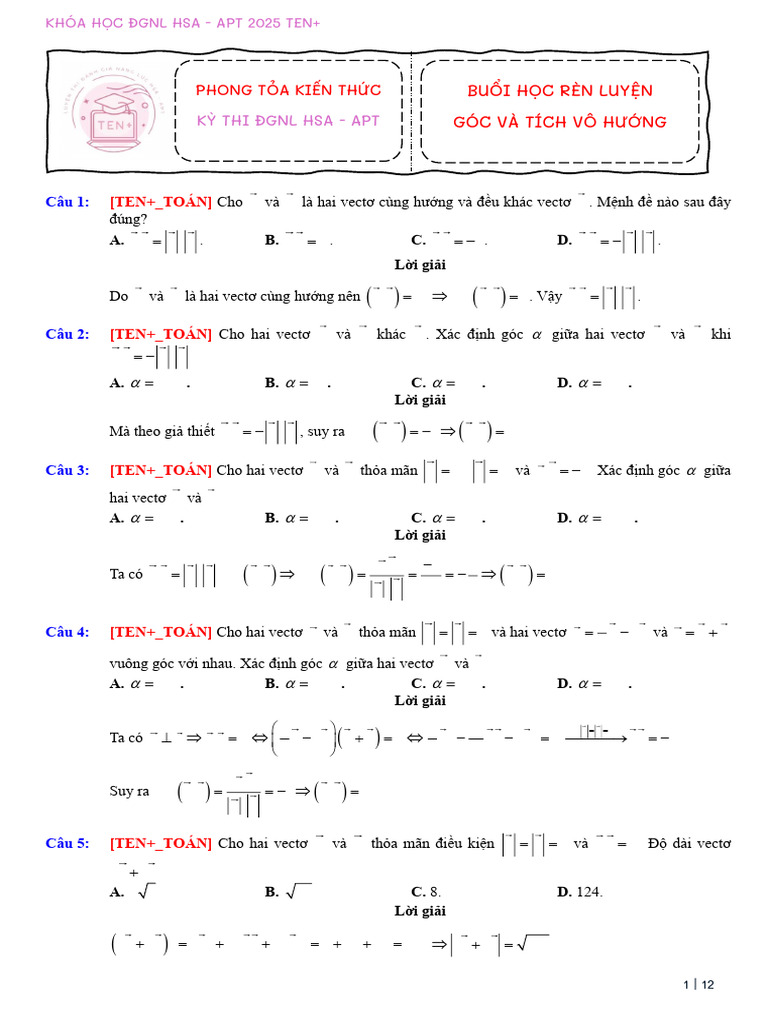 Dap An BTRL Buoi 02 Tich Vo Huong Cua Hai Vecto | PDF