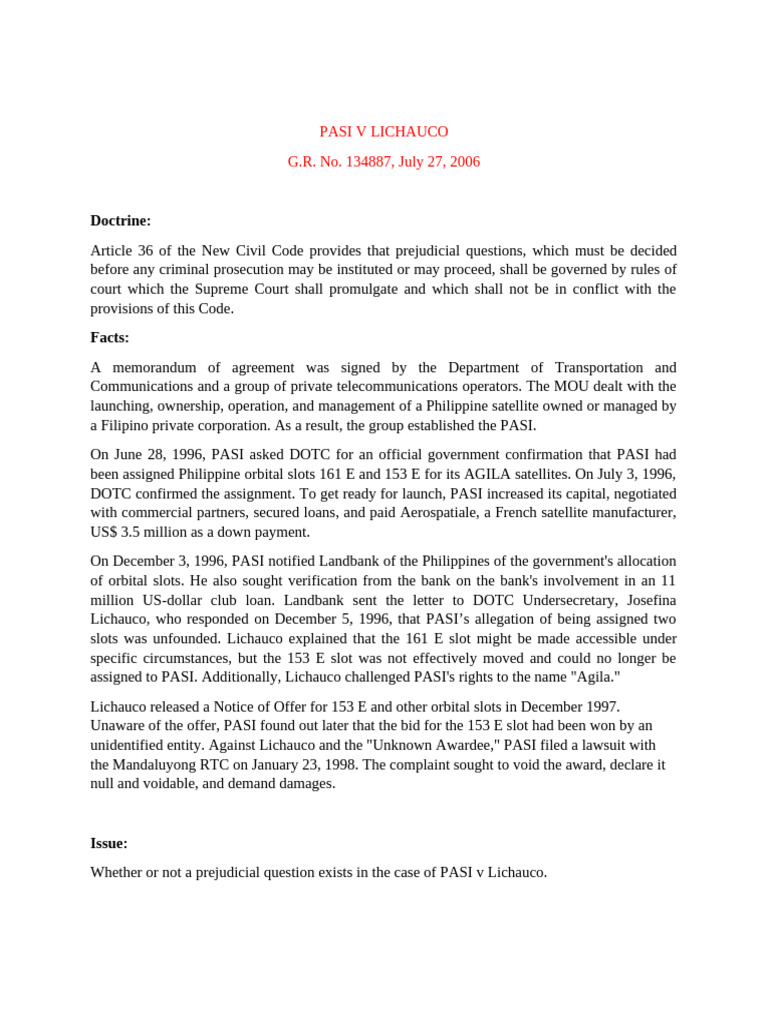 PASI v Lichauco: Prejudicial Question Ruling | PDF | Lawsuit | Justice