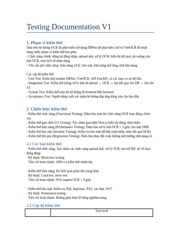 Test Documentation OCR V1 | PDF
