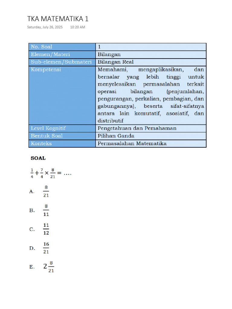 Contoh Soal Tka Matematika | PDF