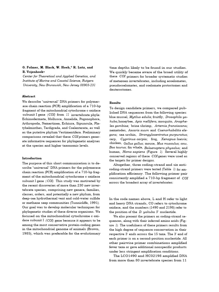 Universal COI Primers for Invertebrates | PDF | Polymerase Chain ...
