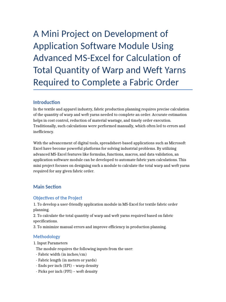 Mini Project MSExcel Textile | PDF | Microsoft Excel | Textiles