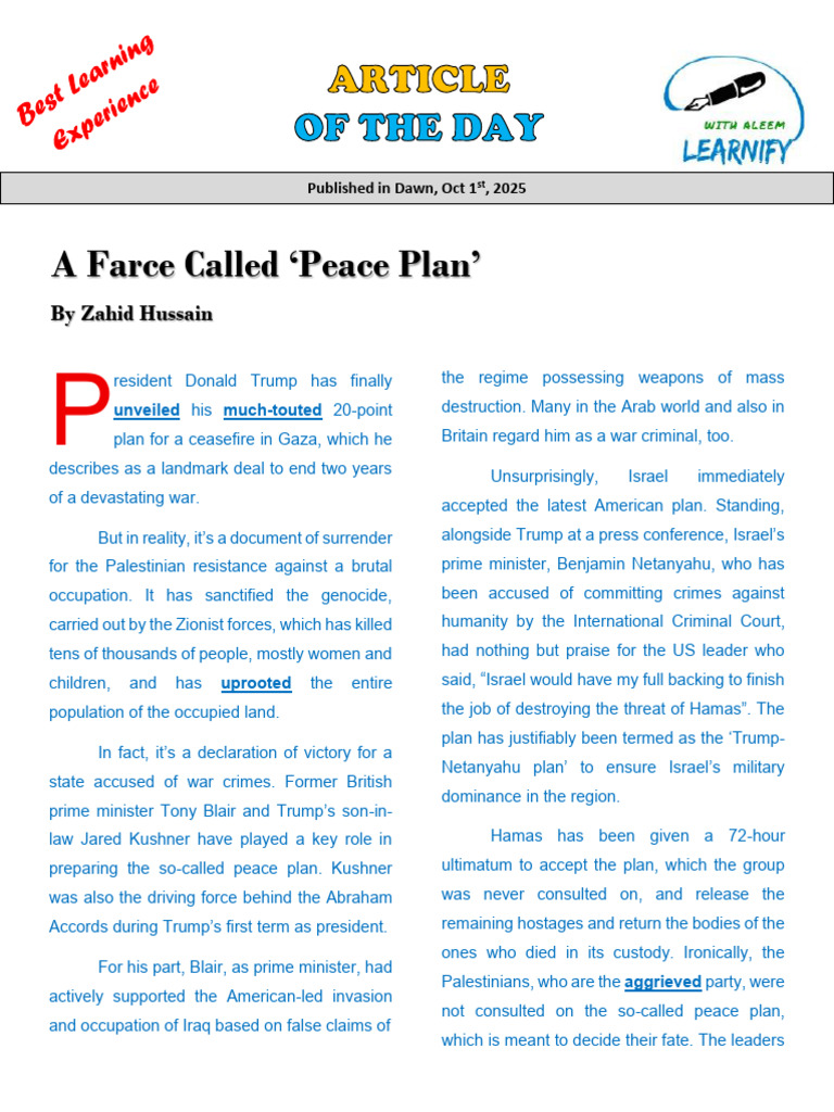 Article of The Day - A Farce Called Peace Plan' | PDF | Hamas | Gaza Strip