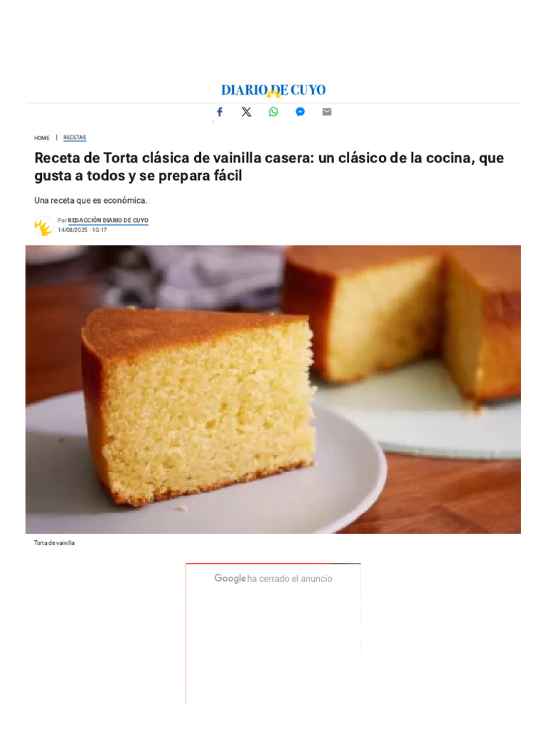 Receta de Torta Clásica de Vainilla Casera - Un Clásico de La Cocina ...