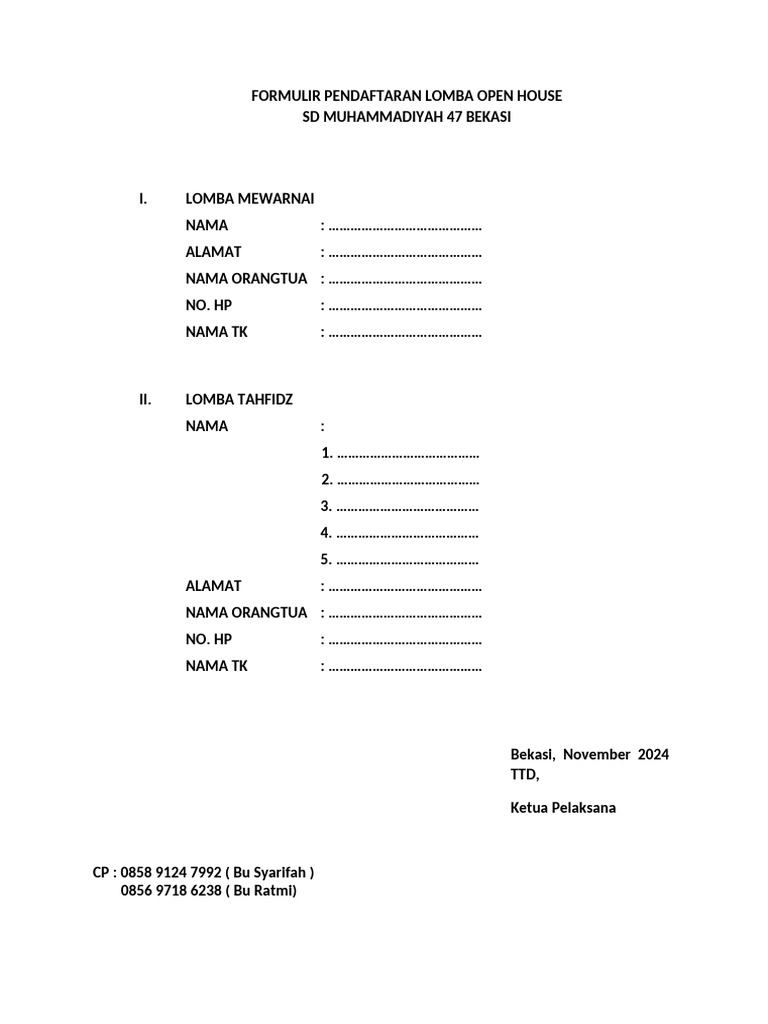Formulir Pendaftaran Lomba Open House 2024 | PDF