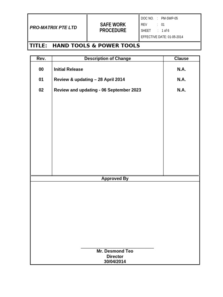 SWP-05 Hand Tools and Power Tools Rev1 | PDF | Hammer | Equipment