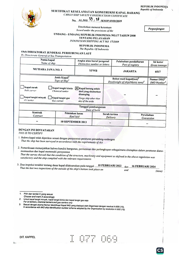 Cargo Ship Safety Construction Certificate | PDF