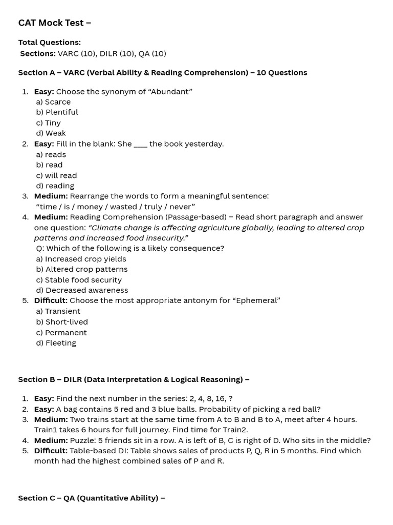 CAT Mock Test – 30 Questions (Easy, Medium, Difficult) (2) | PDF | Area ...