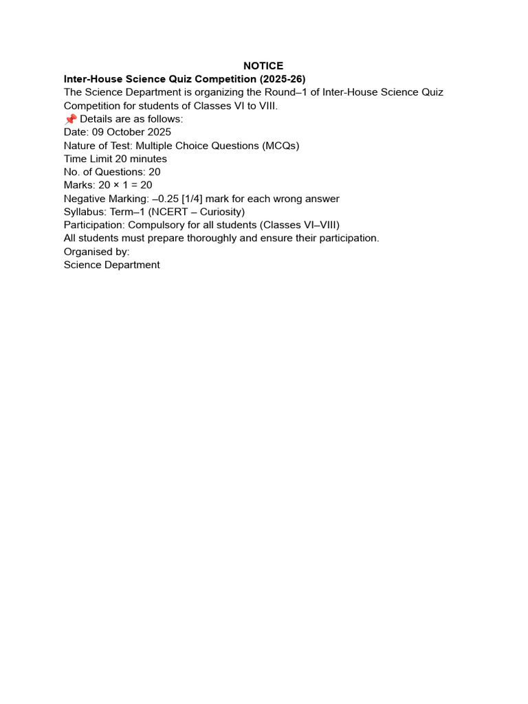 Notice Science Quiz Round-1 | PDF