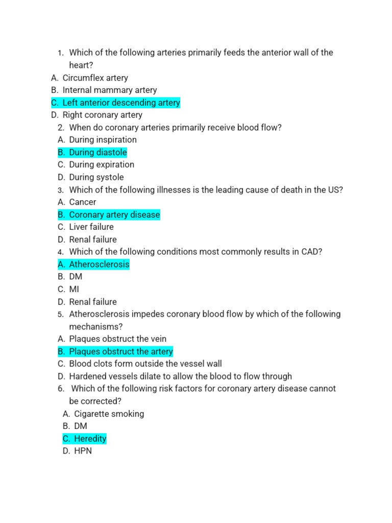 Coronary Artery Disease and Aneurysms Quiz | PDF | Myocardial ...