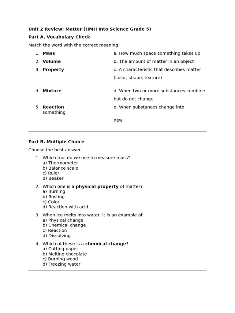 Unit 2 Review: Matter Concepts | PDF | Water | Matter
