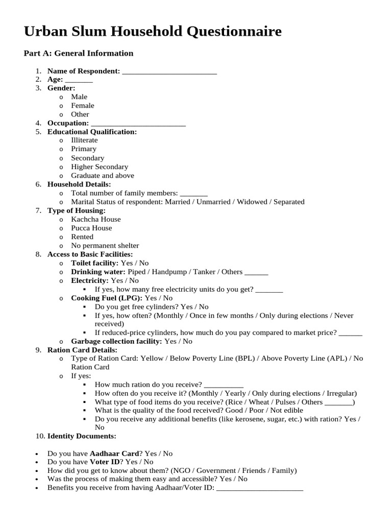 Urban Slum Household Questionnaire-1 | PDF | Government Of India ...