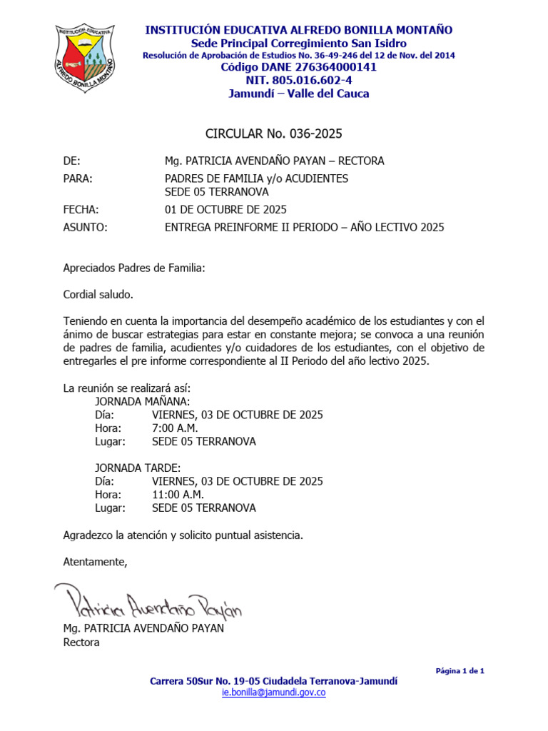 Circular a Padres No. 036-2025 - Entrega de Preinformes Académicos II Periodo 2025 - Sede 05 | PDF