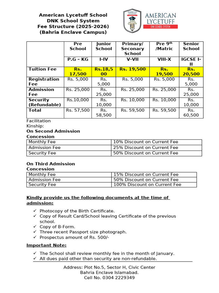 American Lycetuff School Fee Structure 2025 | PDF