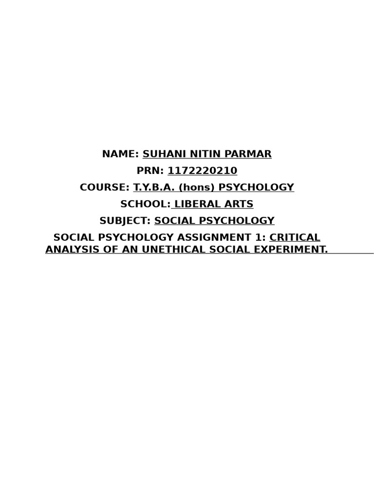 Critical Analisis of An Unethical Social Expreriment - Suhani Parmar ...