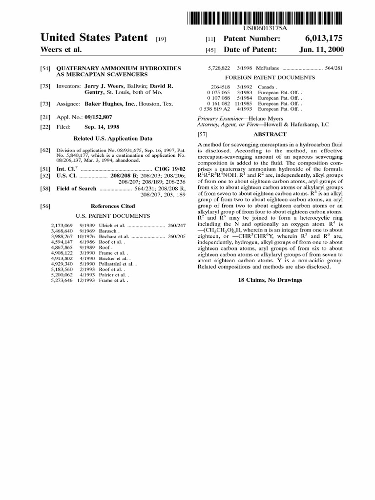 Quaternary Ammonium Hydroxides for Mercaptan Scavengers - Patent | PDF ...