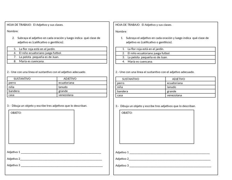 Hoja de Trabajo El Adjetivo. | PDF