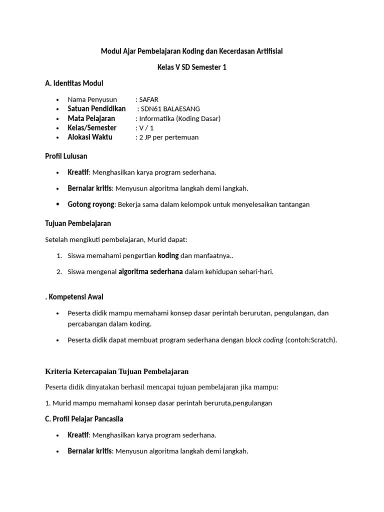 Modul Ajar Pembelajaran Koding Dan Kecerdasan Artifisial | PDF