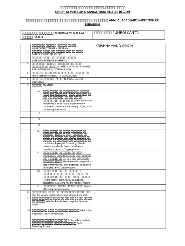 Kvs Inspection Proforma For Librarian | PDF