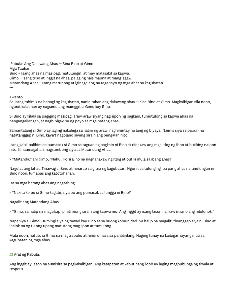 Pabula Ang Dalawang Ahas Sina Bino at Gimo Mga Tauhan Bino Isang Ahas Na Masipag Matulungin at ...