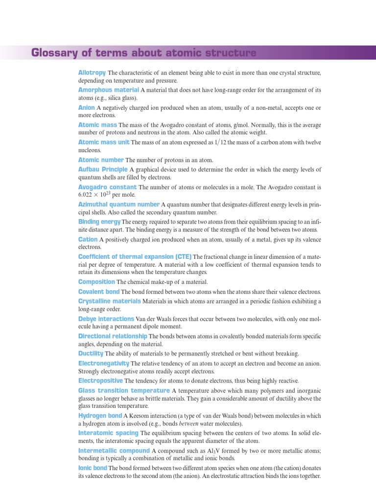Glossary 1.2 Atomic Structure and Bonding | PDF | Chemical Bond | Atoms