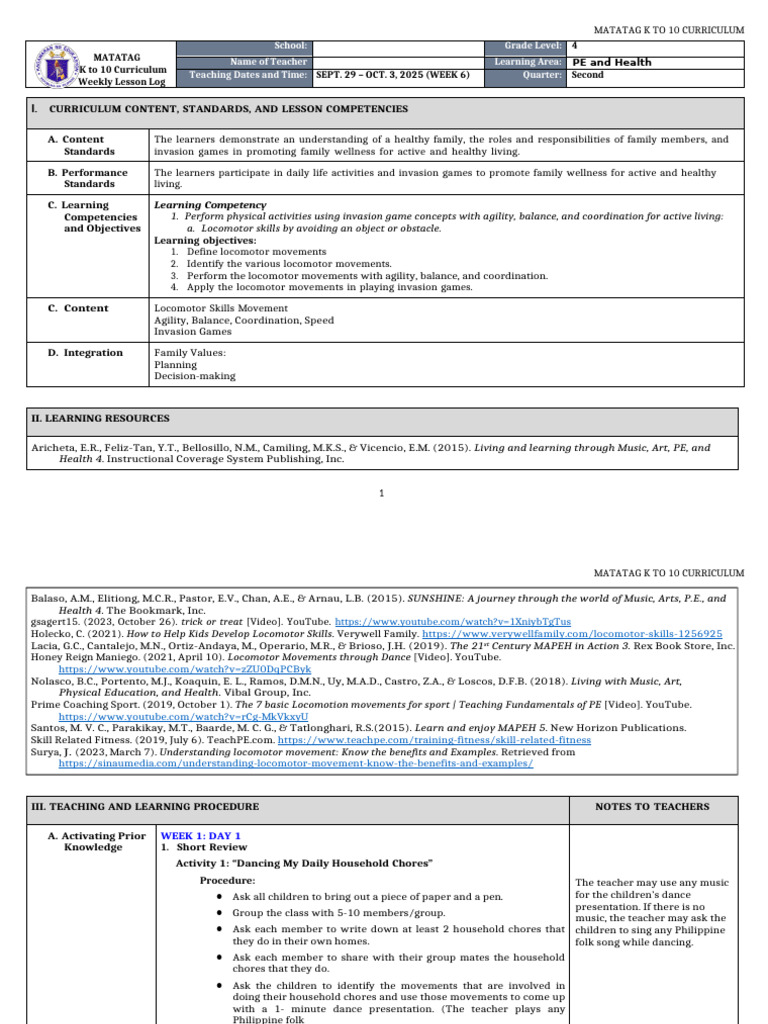 DLL Matatag - Pe & Health 4 q2 Week5-6 | PDF | Physical Education | Curriculum