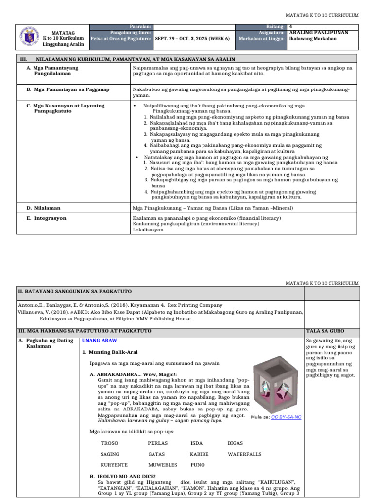 DLL Matatag - Araling Panlipunan 4 q2 w6 | PDF