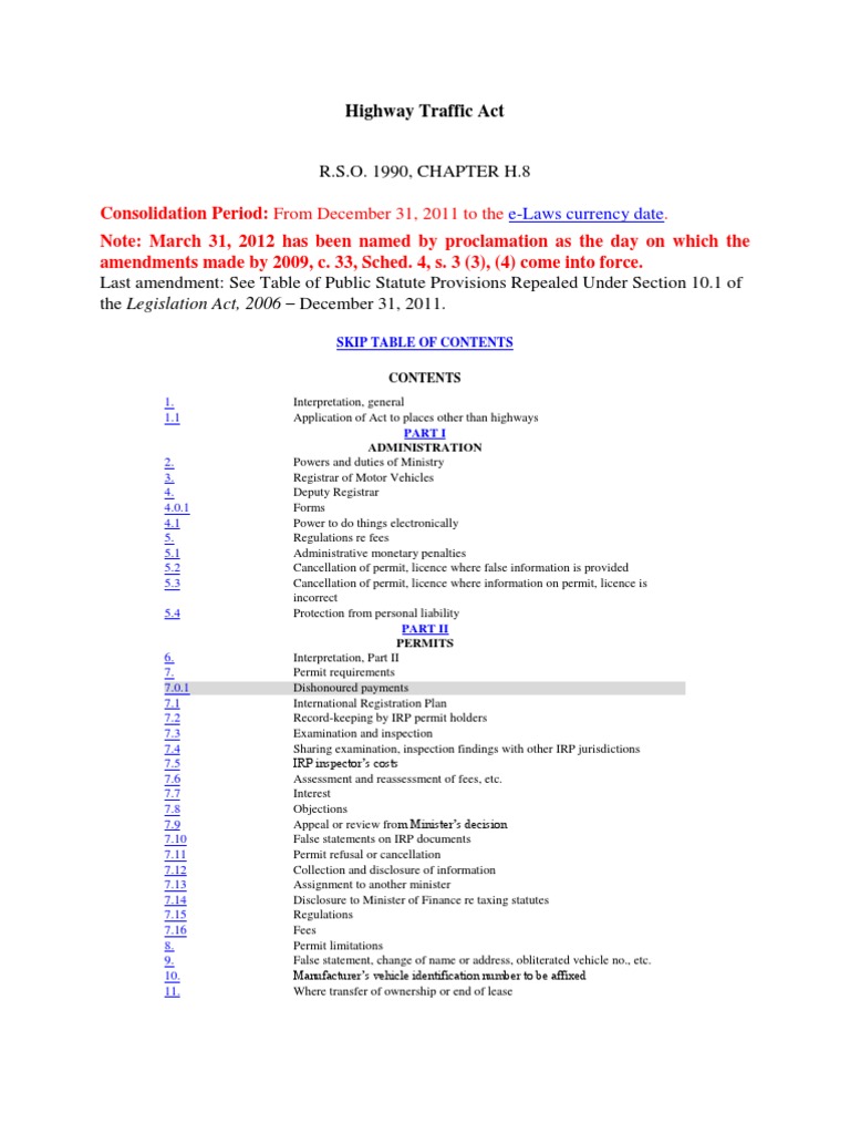 Ontario Highway Traffic Act | PDF | Traffic | Industries