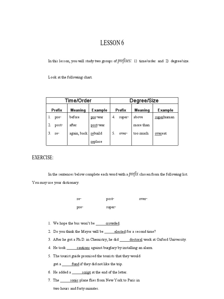 Prefix Exercises | PDF | Noun | Vocabulary
