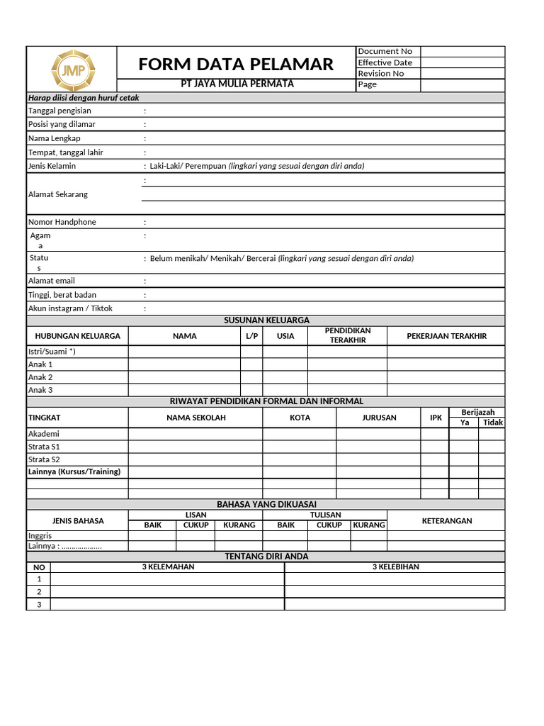 Formulir Data Pelamar PT Jaya Mulia | PDF