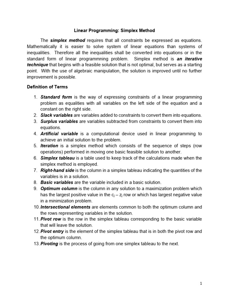 Linear Programming Simplex Method | PDF | Mathematical Optimization | Linear Programming