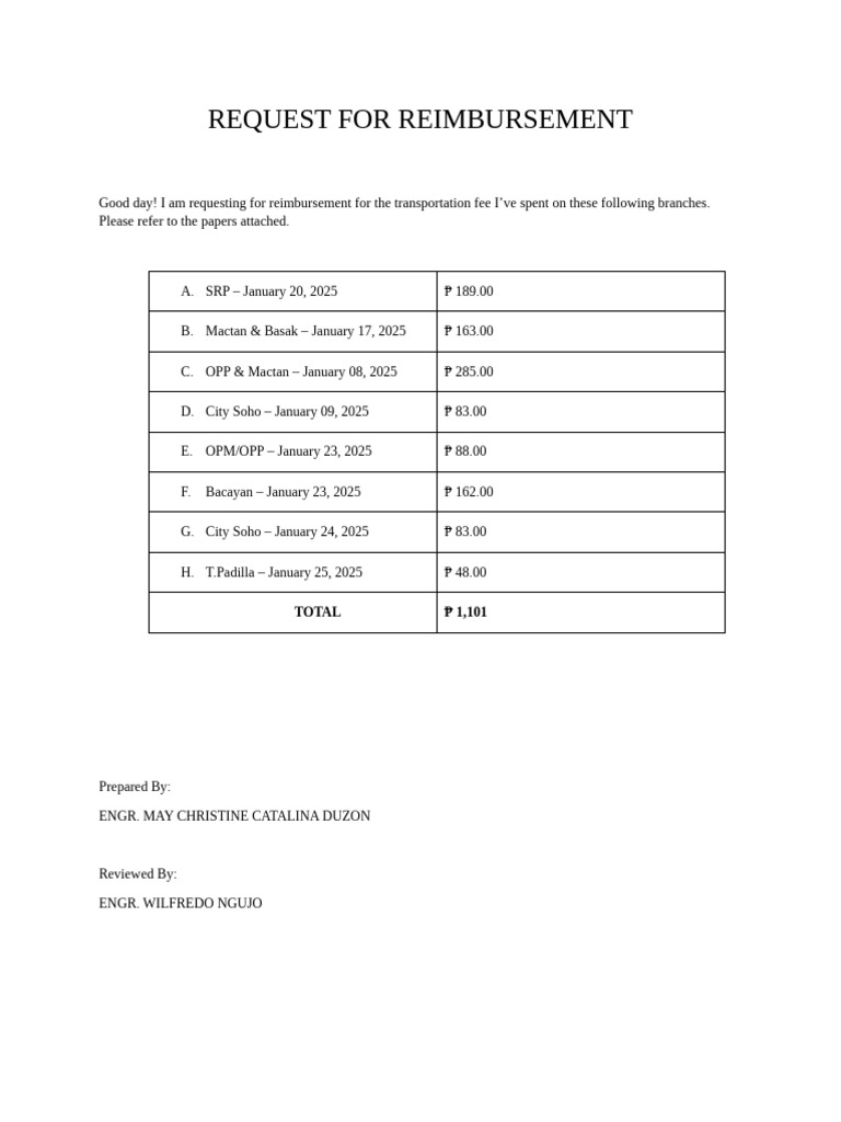 Transportation Fee Reimbursement Request | PDF