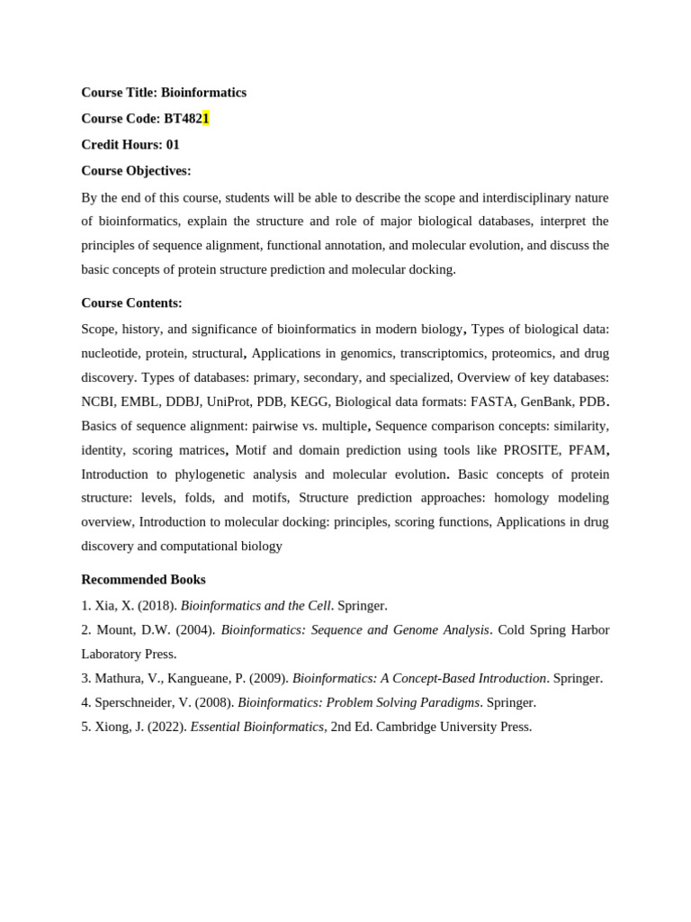 Bioinformatics Course Contents | PDF | Bioinformatics | Sequence Alignment