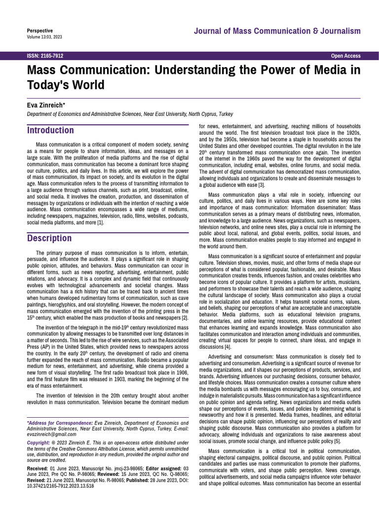 Power of Mass Communication Today | PDF | Mass Media | Communication