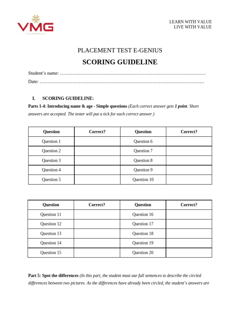Placement Test E-Genius - Scoring Guideline | PDF