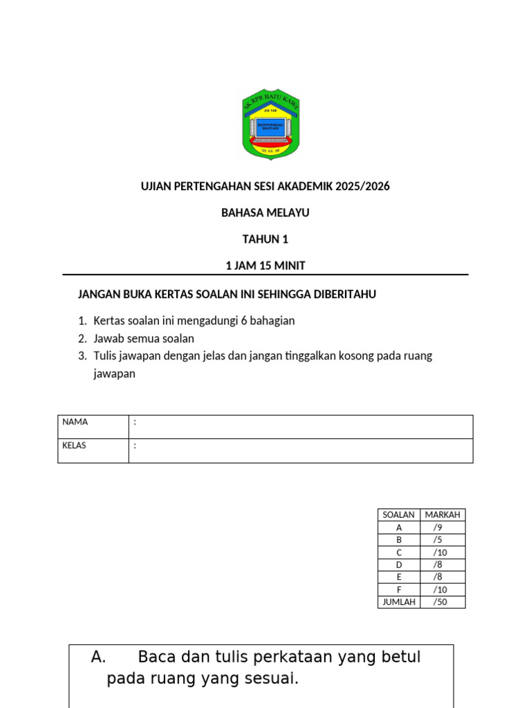 Ujian Pertengahan Sesi Akademik 2025 Bm Tahun 1 | PDF