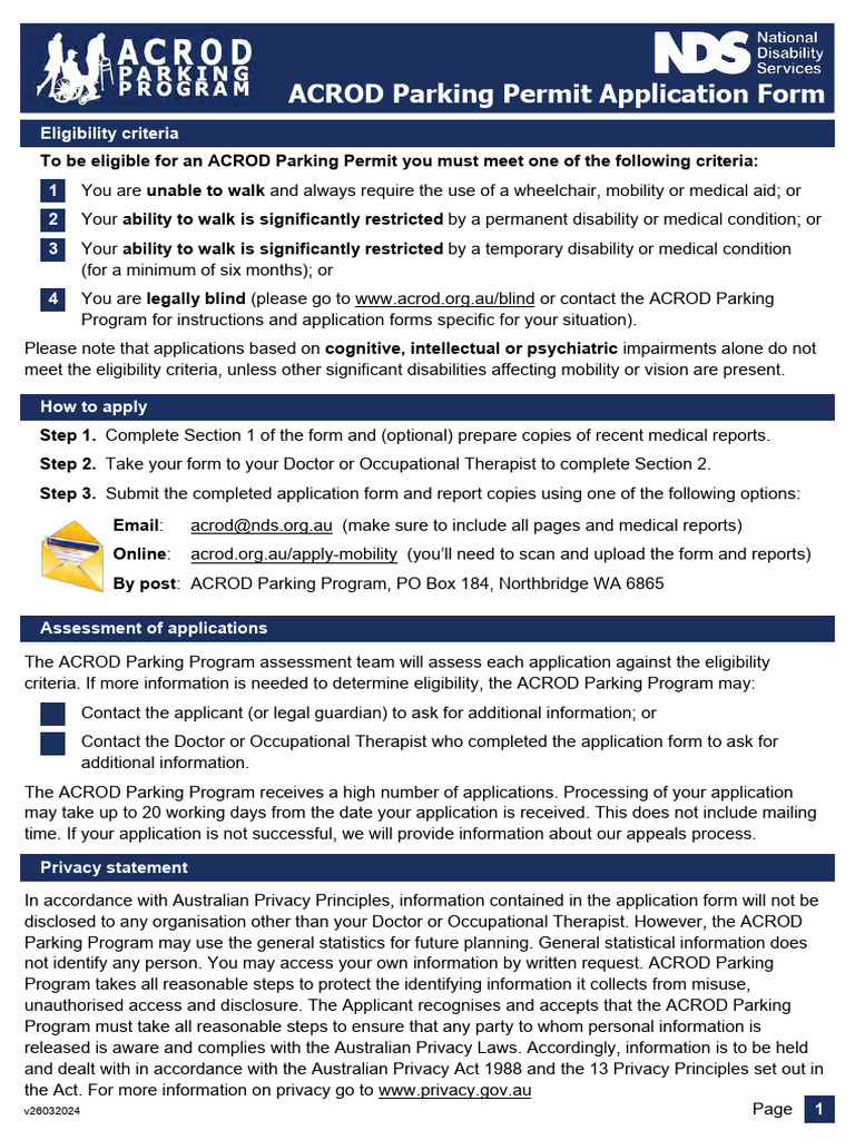 ACROD Application Form Mobility | PDF | Physical Therapy | Privacy