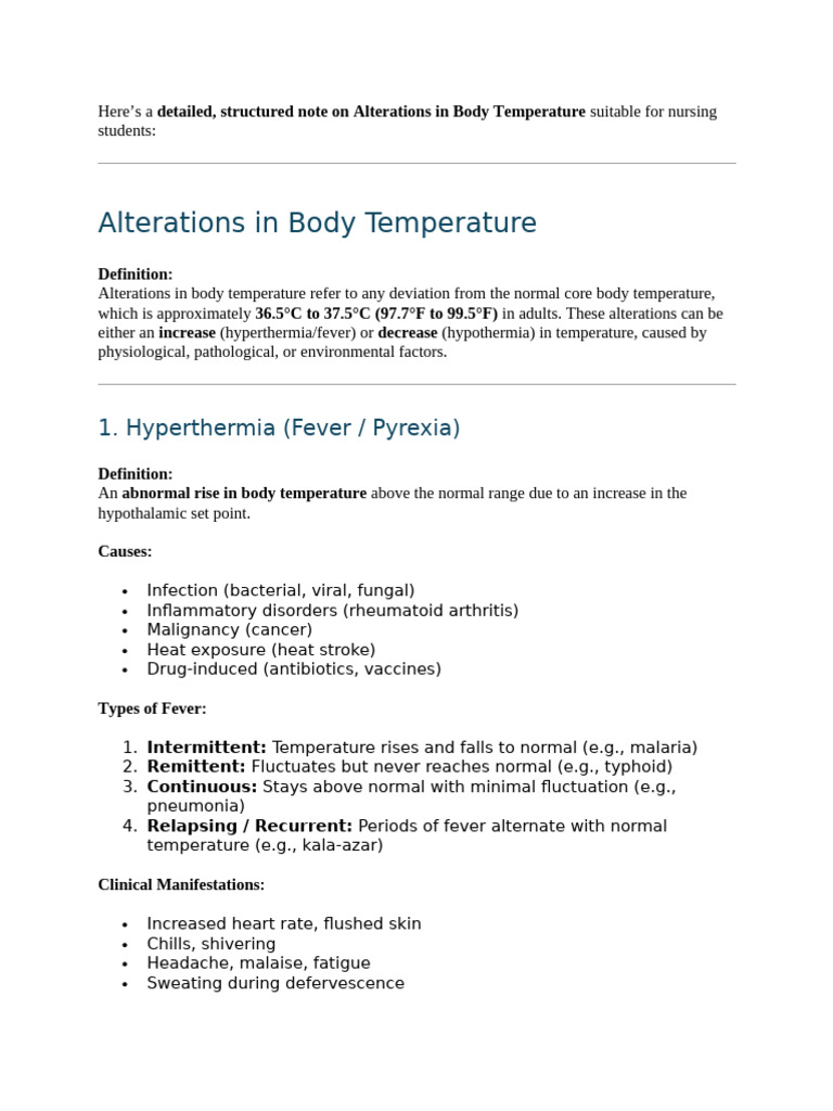 Alterations in Body Temperature | PDF | Fever | Hypothermia