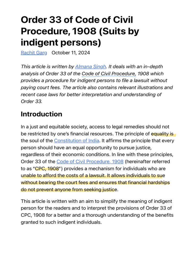 Order 33 CPC: Indigent Persons Explained | PDF | Lawsuit | Appeal