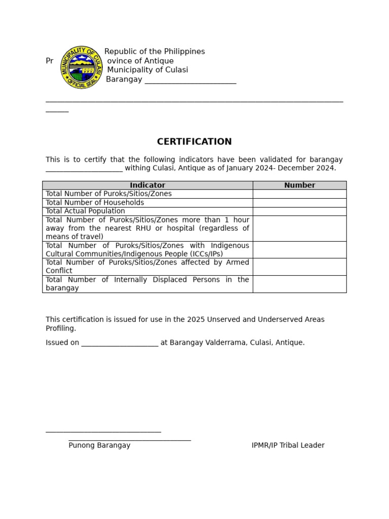 Barangay Certification for 2025 Profiling | PDF