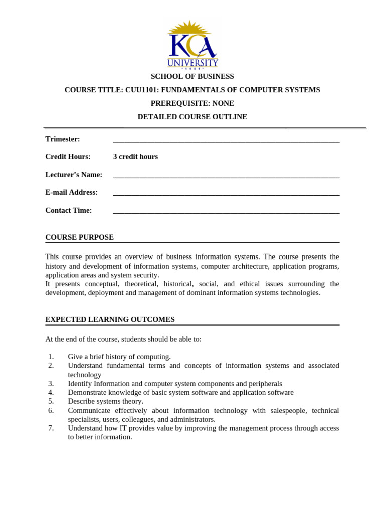 Fundamentals of Computer Systems Course Outline | PDF | System | Information