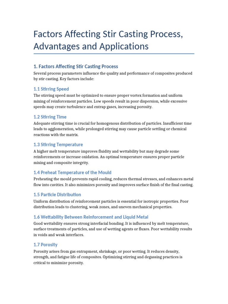 Stir Casting Factors Advantages Applications | PDF