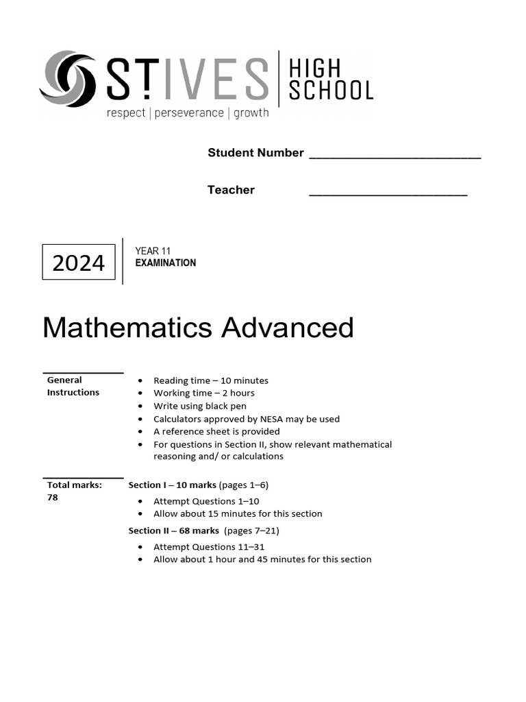 Year 11 Advanced Mathematics Exam 2024 | PDF | Curve | Mathematics
