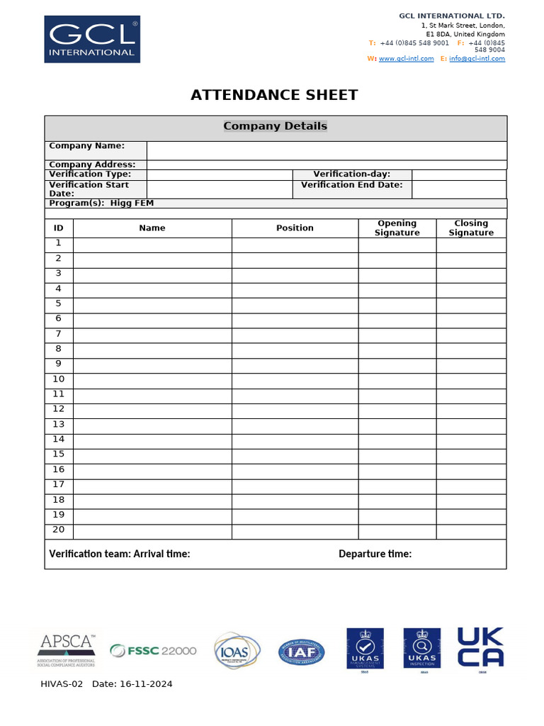 GCL International Attendance Sheet | PDF