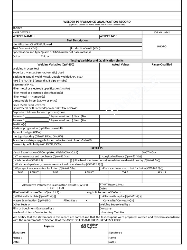 Welder Performance Qualification Record | PDF | Welding | Construction