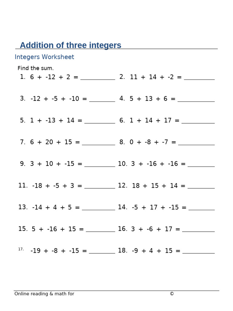 Adding Three Integers Worksheet | PDF