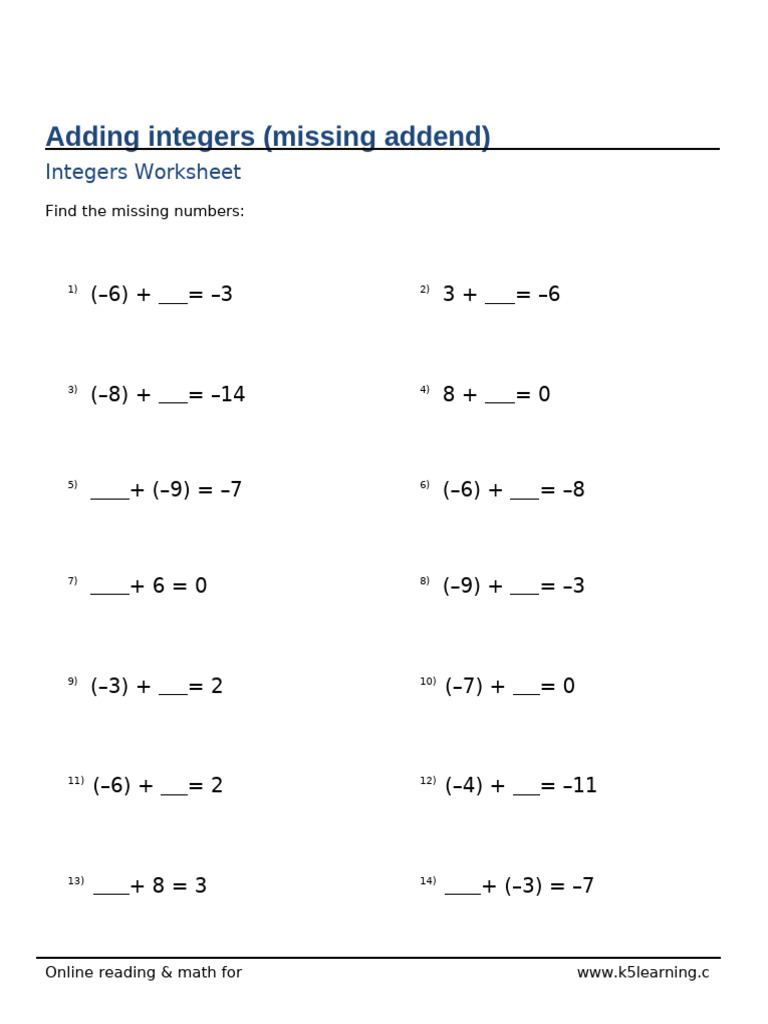 Integers Worksheet for Class 6 | PDF
