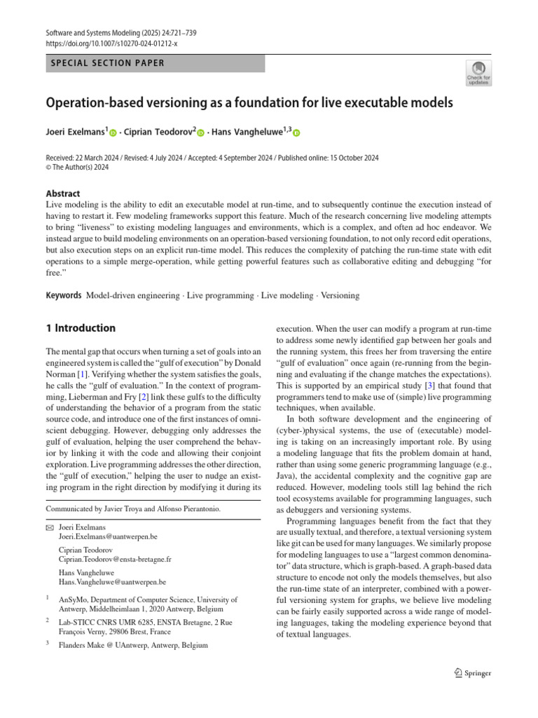 Operation-Based Versioning As A Foundation For Live Executable Models ...